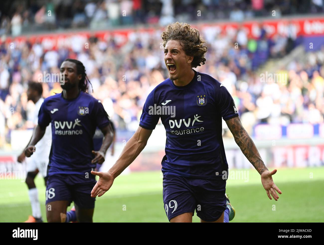Anderlecht's Fabio Silva celebrates after scoring during a soccer match ...