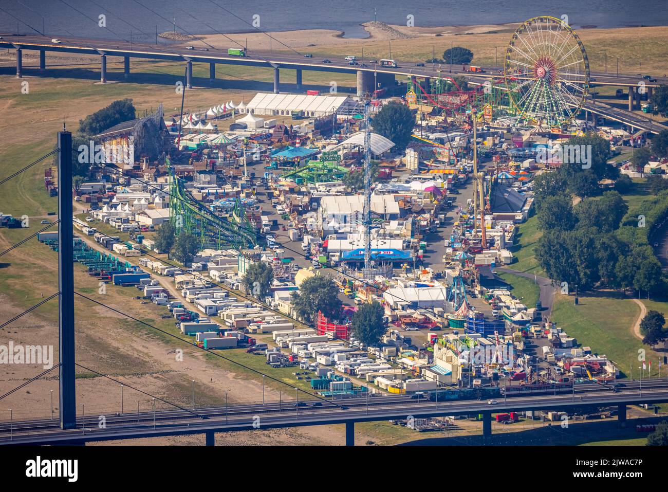 Aerial view, RheinKirmes fairground, Rhine meadows between Oberkasseler ...