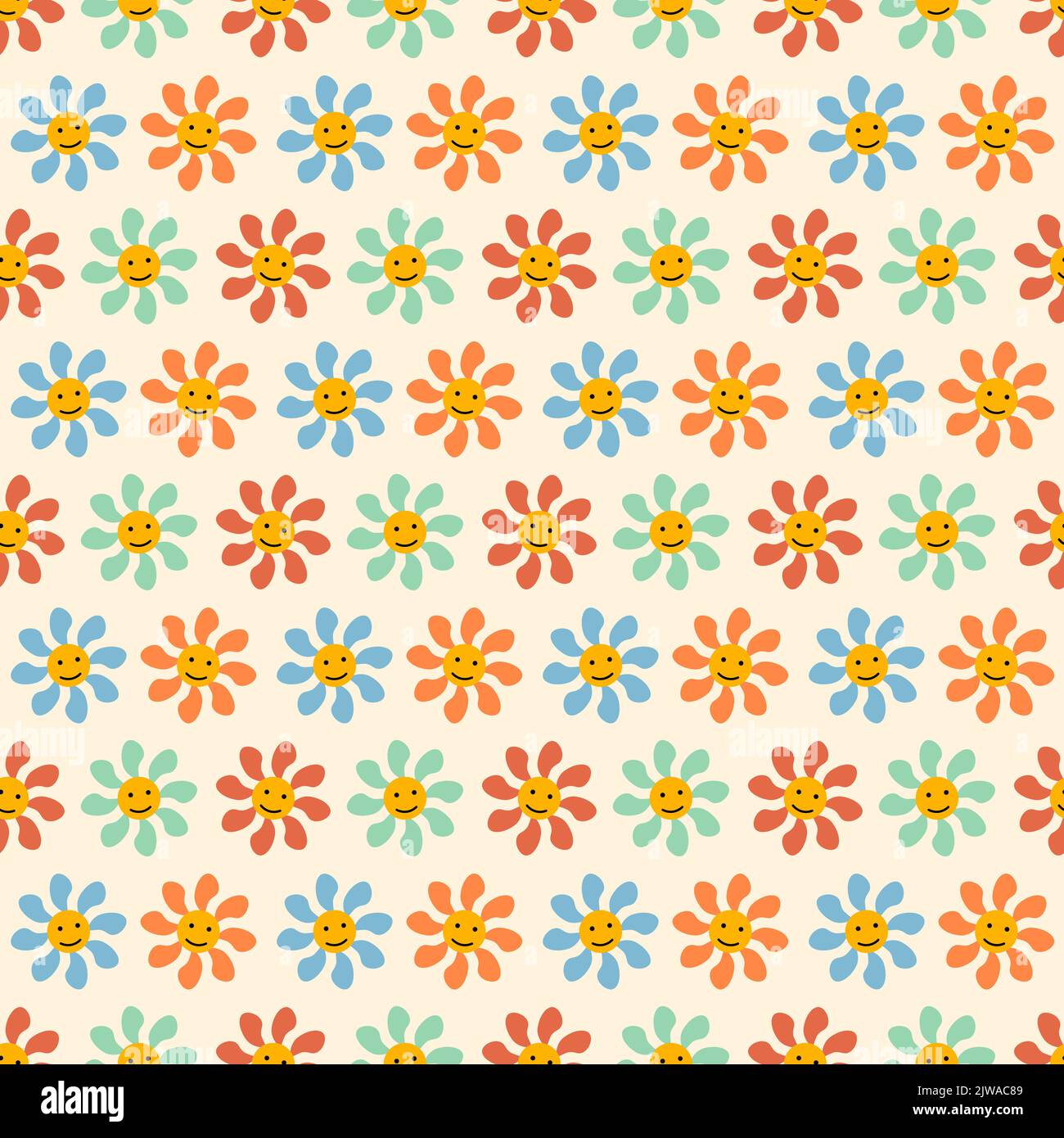 Small multicolored retro 1970s daisies and emojis. Summer groovy and ...