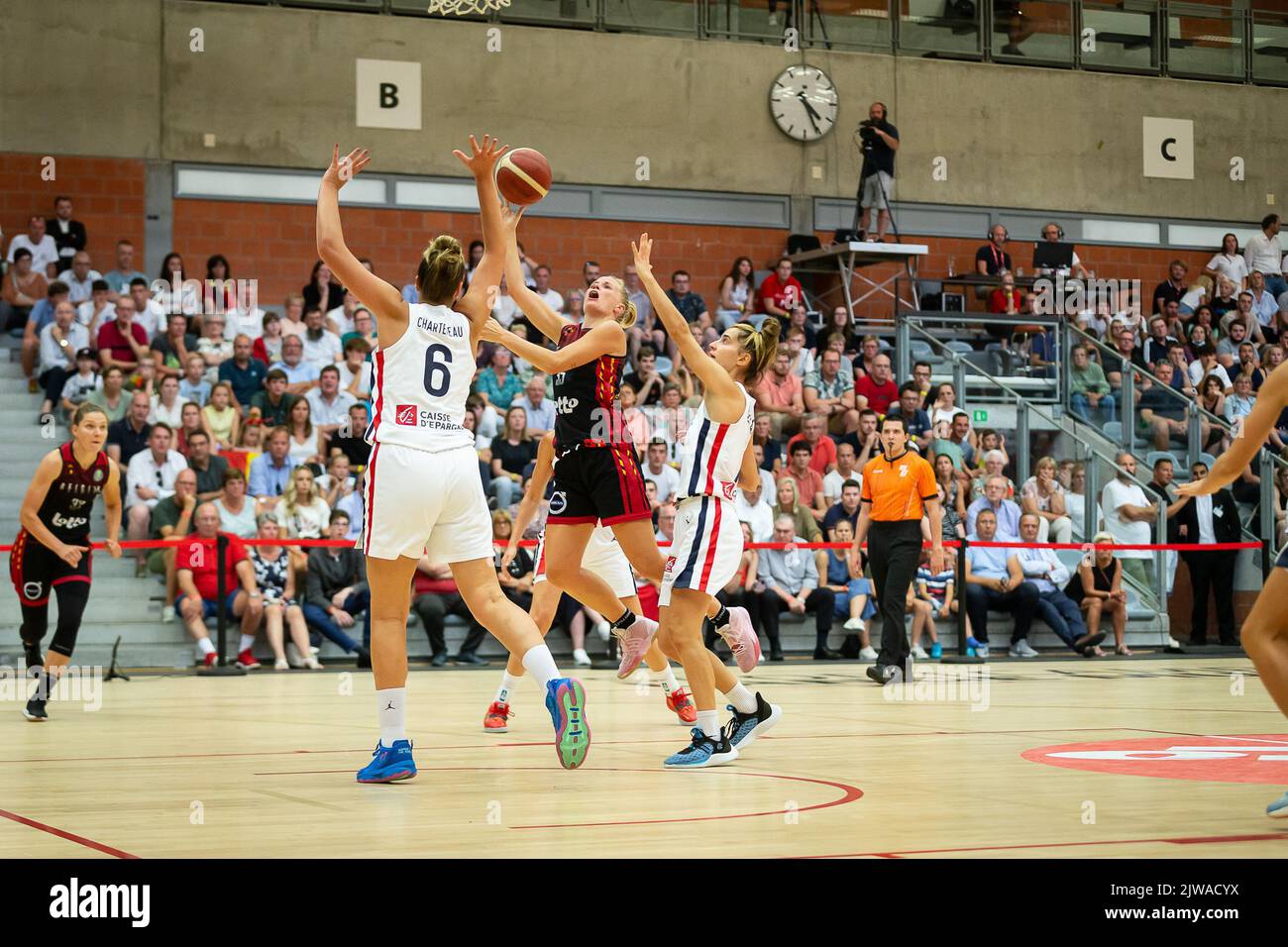 Belgium's Billie Massey pictured in action during a friendly basketball ...
