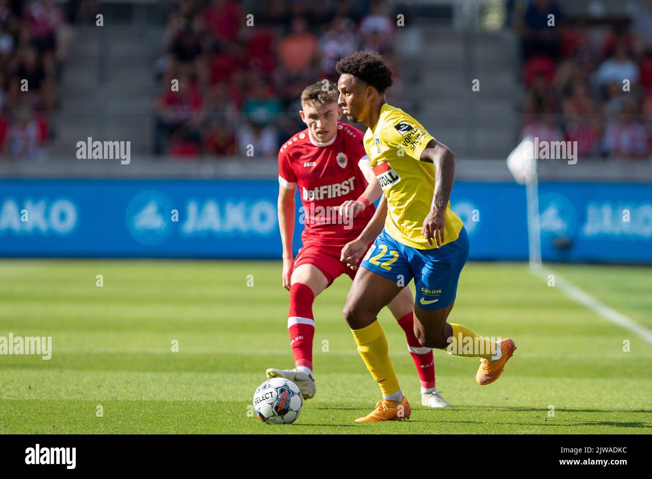 Antwerp's Sam Vines and Westerlo's Bryan Reynolds pictured in action ...