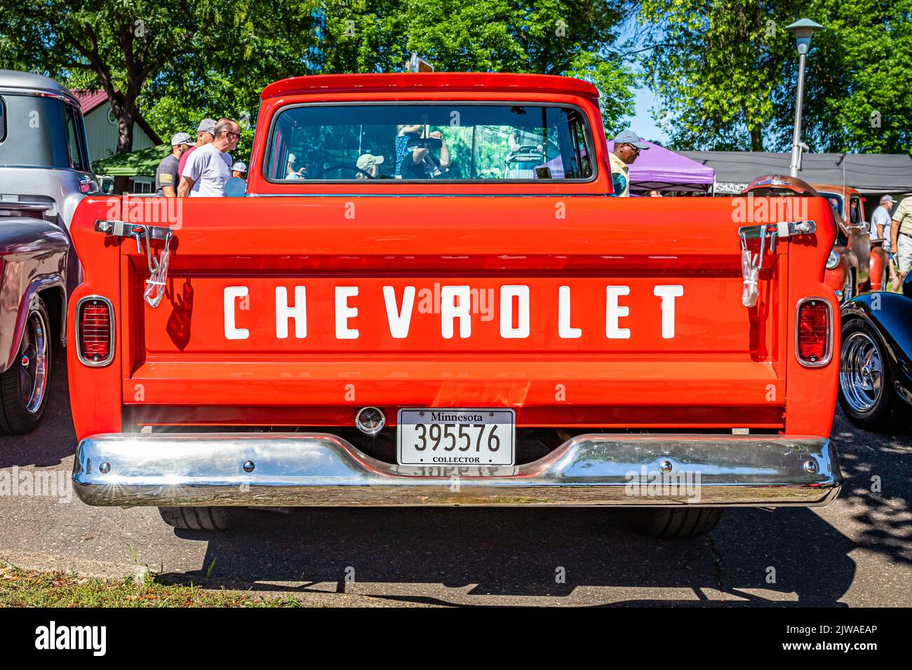 Falcon Heights, MN - June 17, 2022: Low perspective rear view of a 1960 Chevrolet Apache 10 ...