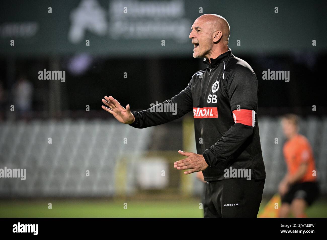 Lommel's head coach Steve Bould reacts during a Belgian Challenger ...