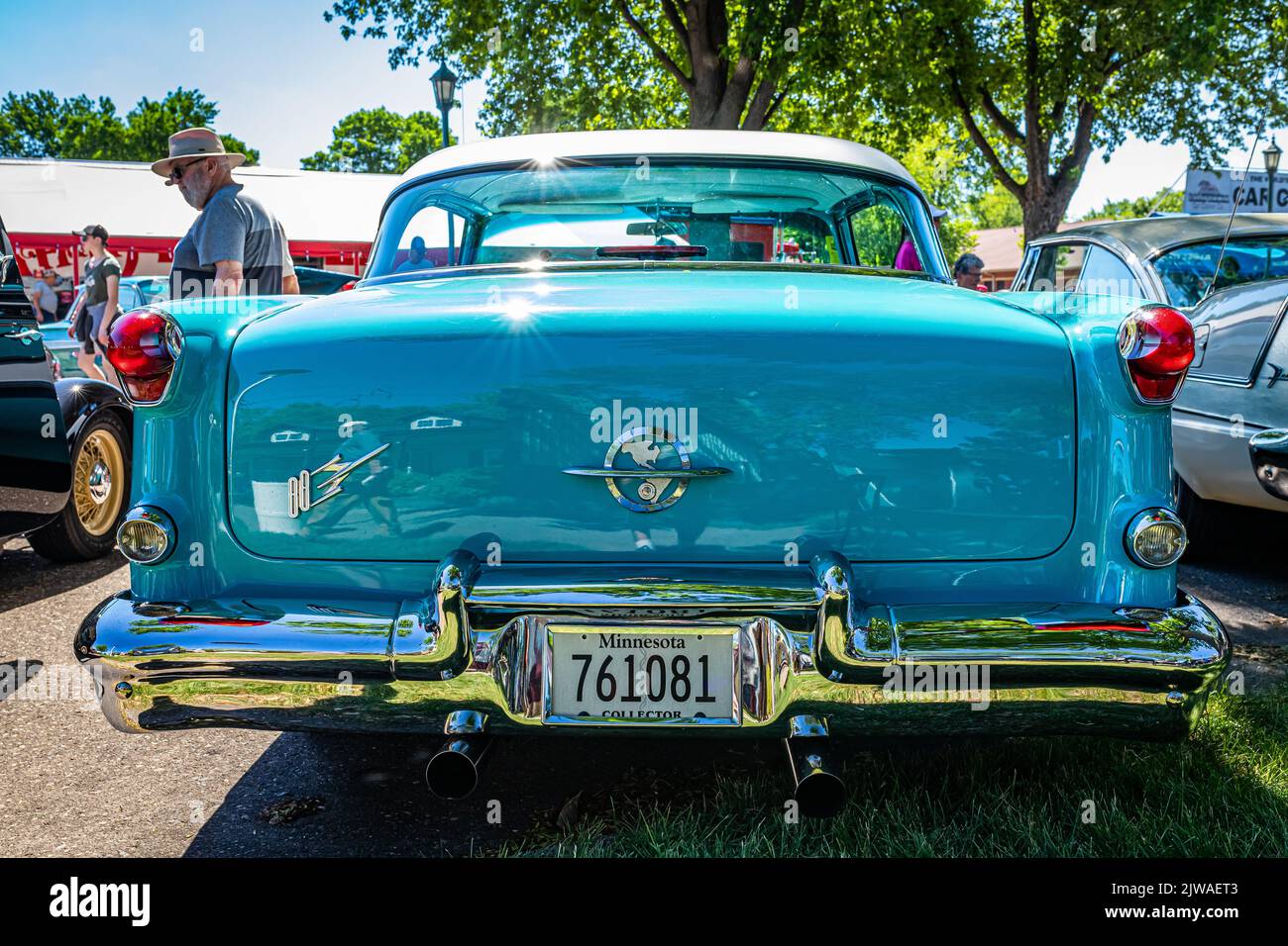 Falcon Heights, MN - June 17, 2022: Low perspective rear view of a 1955 ...
