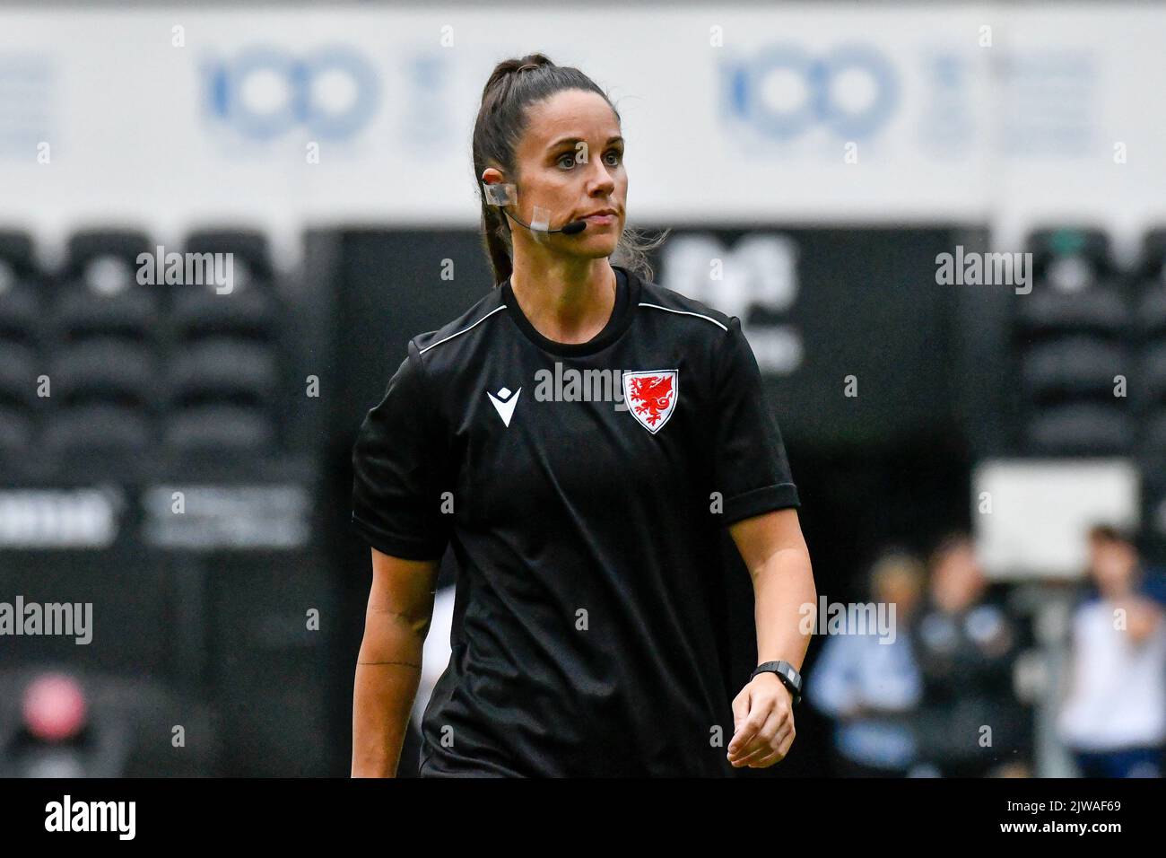 Swansea, Wales. 4 September 2022. Match Referee Charlotte Carpenter ...