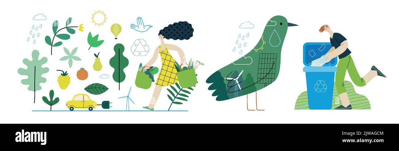 Ecology - Modern flat vector concept illustration on green positive thinking. Waste sorting ...