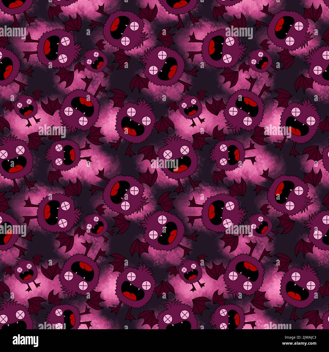 Cartoon Halloween seamless monster bats and sculls and pumpkins and ...