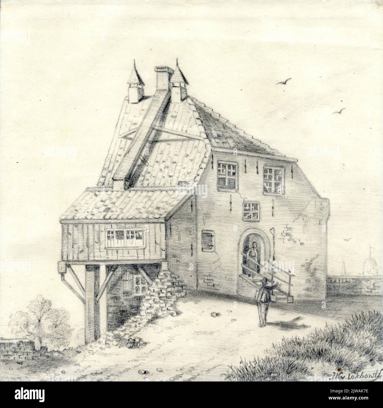 Face on top of the city wall in Utrecht with the tower De Wolf and a ...