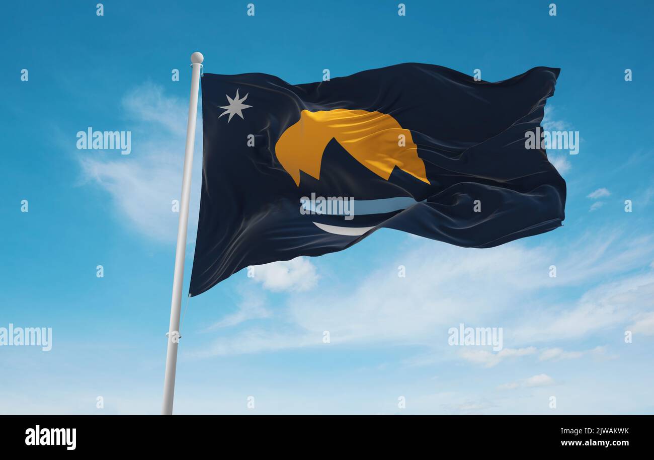 official flag of Reno, Nevada untied states of America at cloudy sky ...