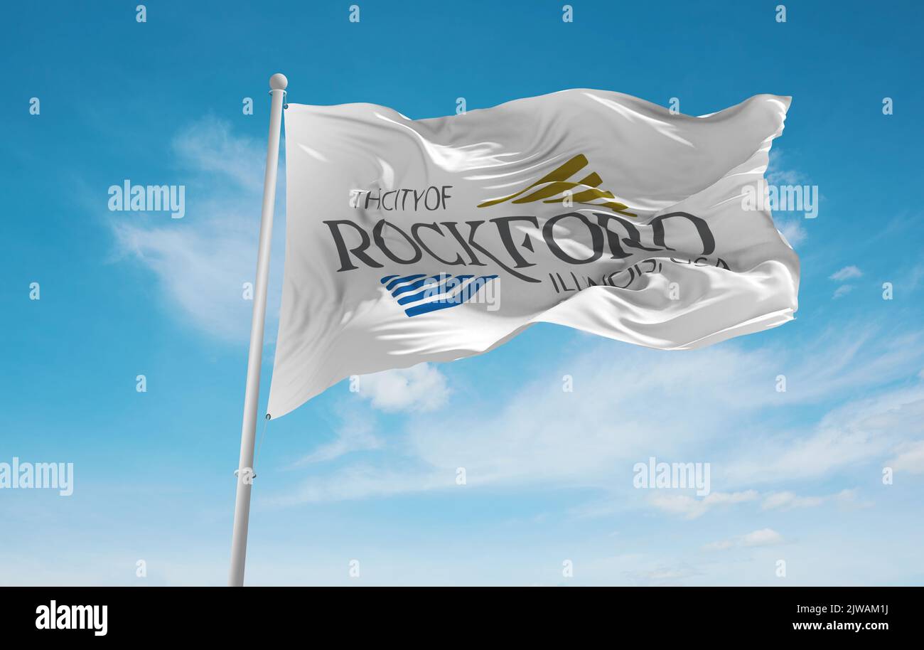 official flag of Rockford, Illinois untied states of America at cloudy ...