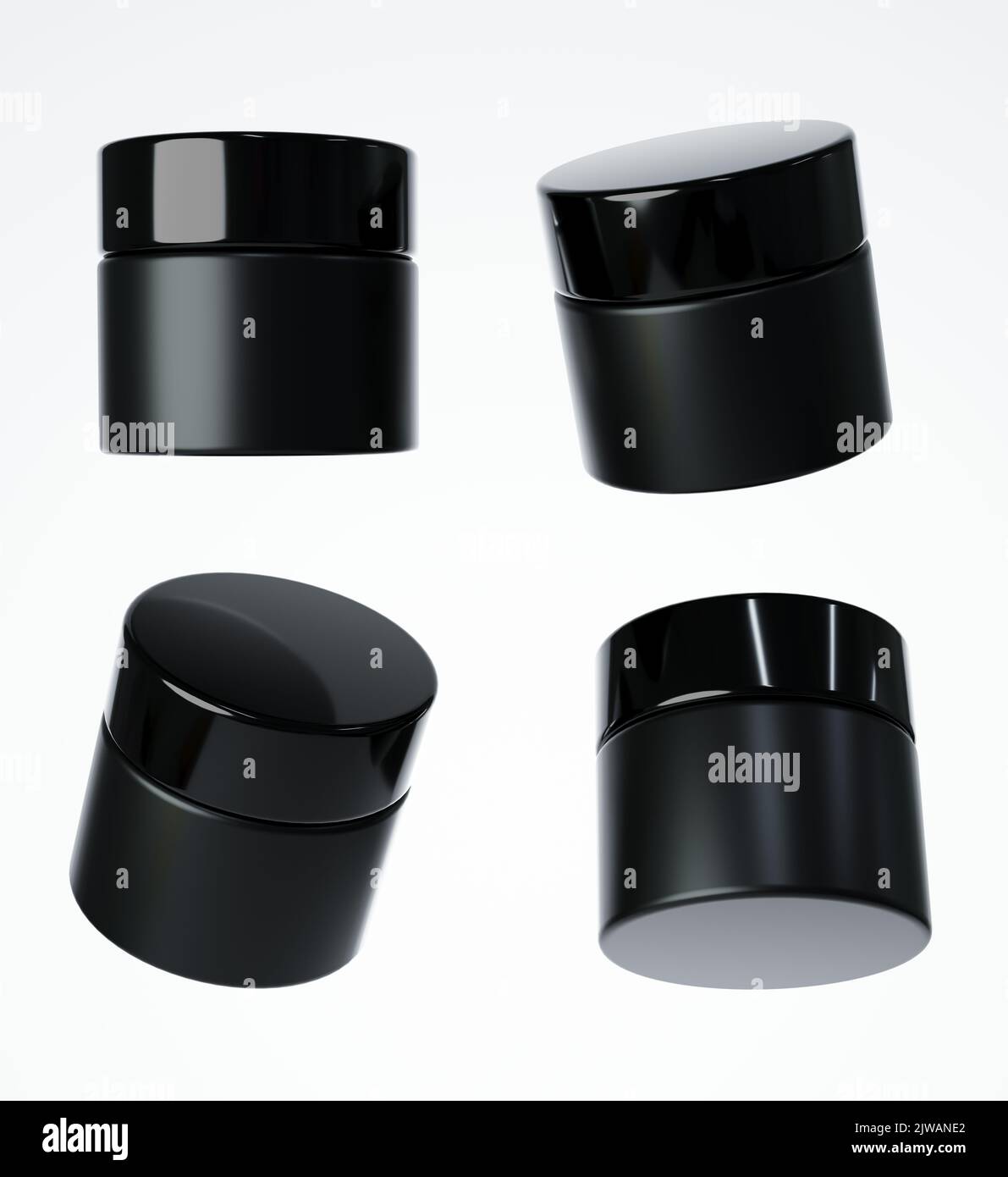 Four different views of glossy black plastic cream jar with cap, 3D render cosmetic product ...