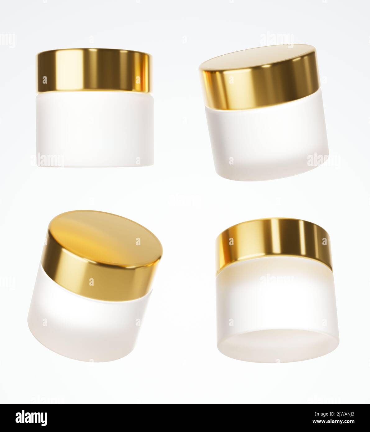 Four different views of frosted glass cream jar with gold cap, 3D render cosmetic product ...