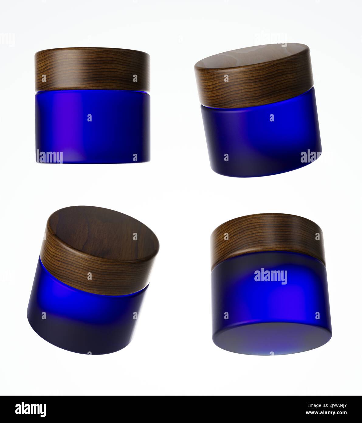 Four different views of frosted blue glass cream jar with wooden cap, 3D render cosmetic product ...