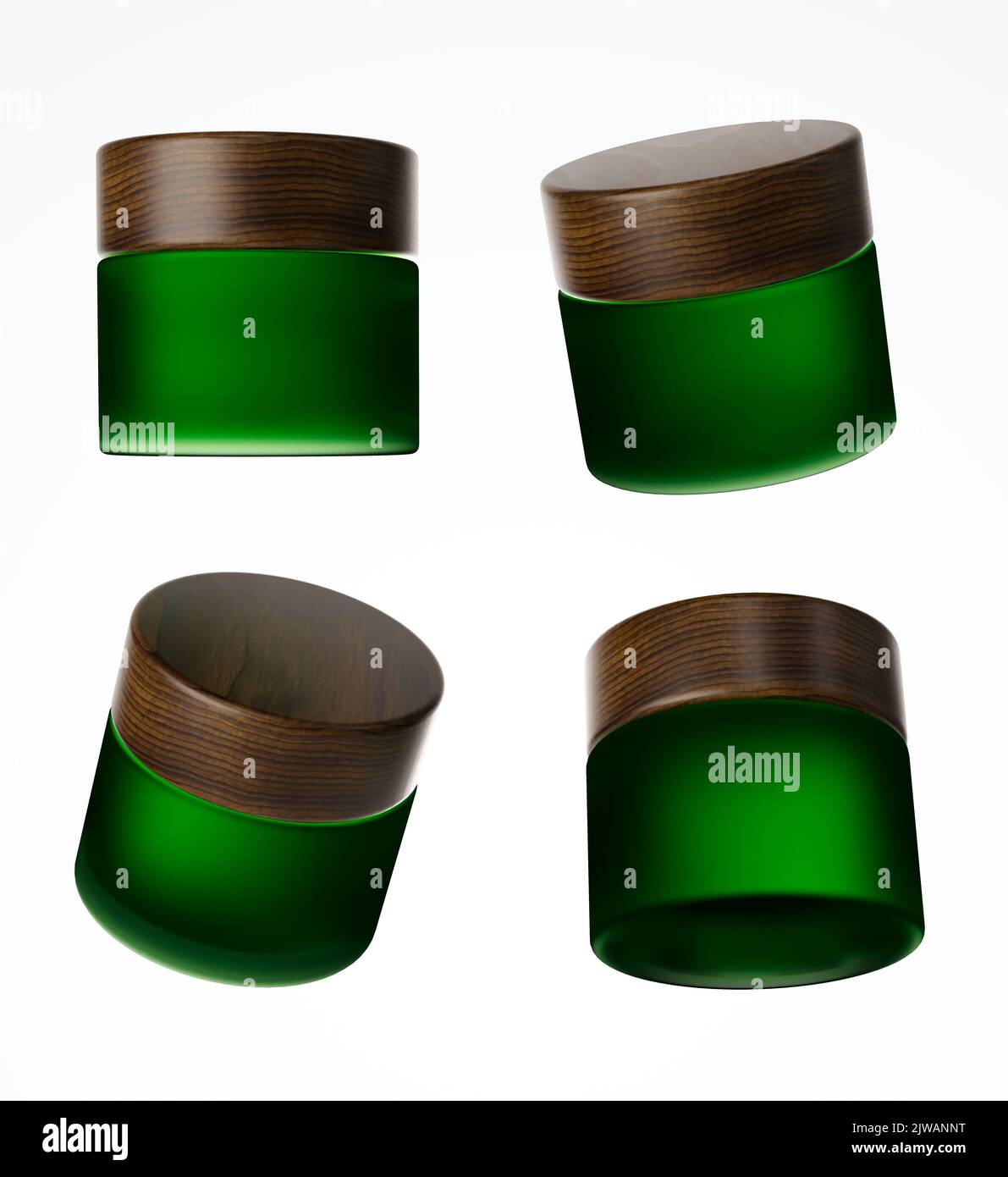 Four different views of frosted green glass cream jar with wooden cap, 3D render cosmetic ...