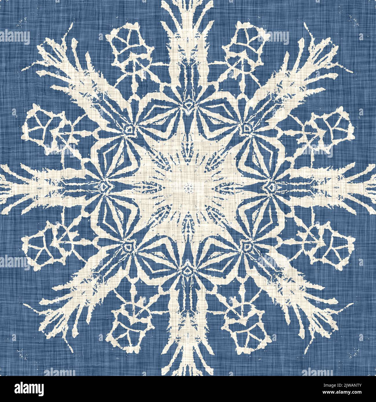 Farmhouse blue snow flake pattern background. Frosty batik french ...