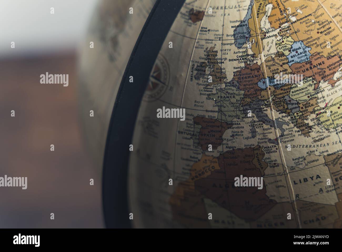 Close up of countries and cities on a spinning geographical physical ...