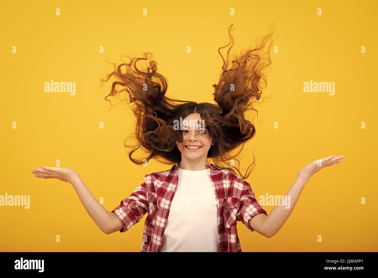 Teenager face with crazy movement hair. Young teen child with flowing ...