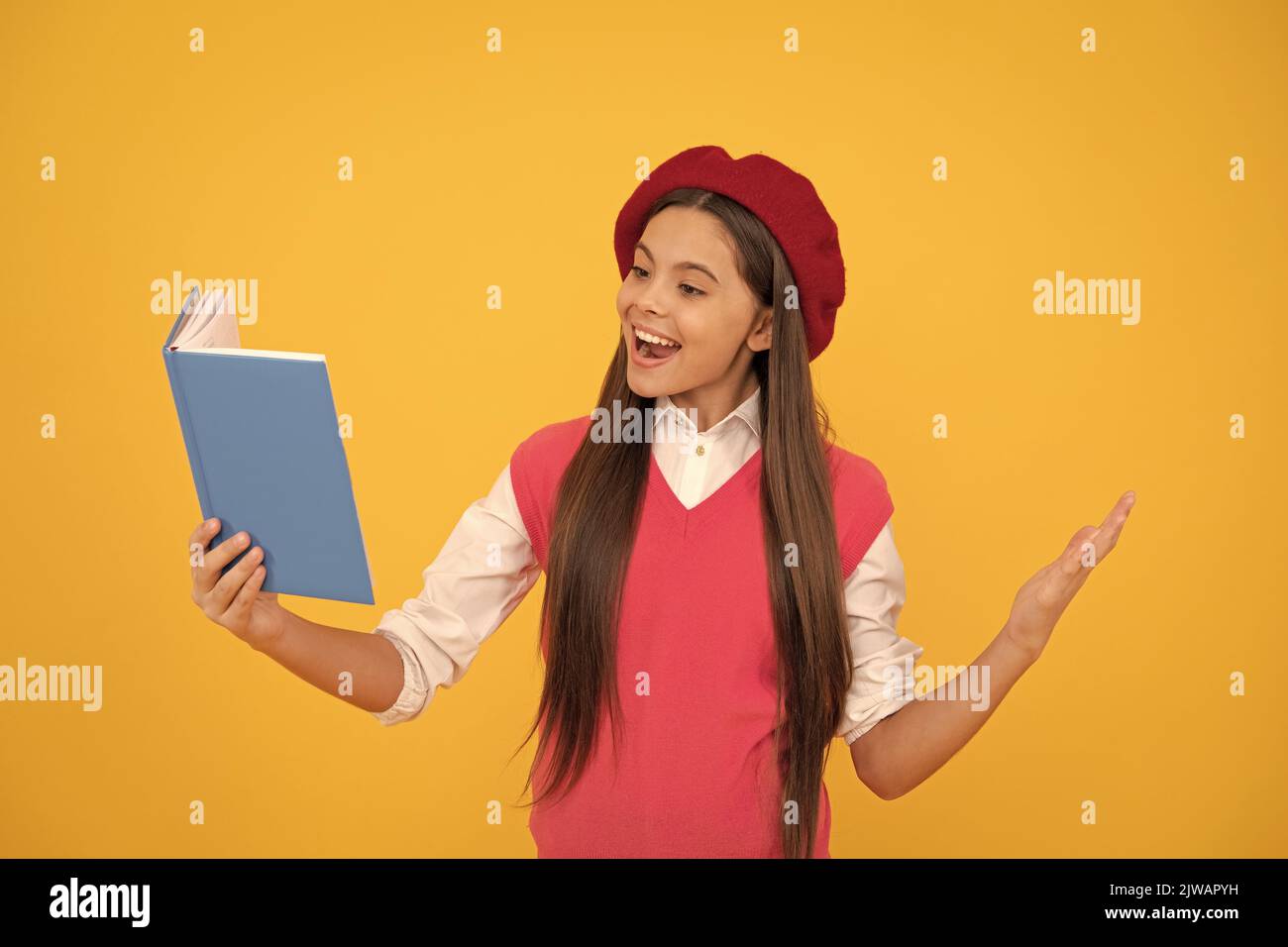 speaker. smiling child reading book. teenage student. learning ...