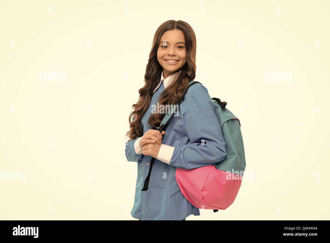 happy child long curly hair with school backpack isolated on white ...