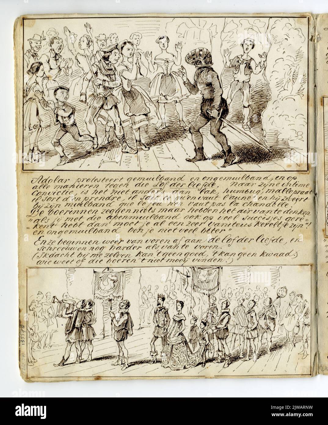 Image of a page with two drawings of scenes from the opera Euryanthe by ...