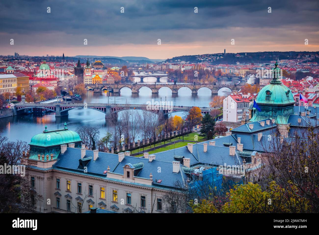 Above Prague old town bridges and river Vltava at dawn, Czech Republic ...