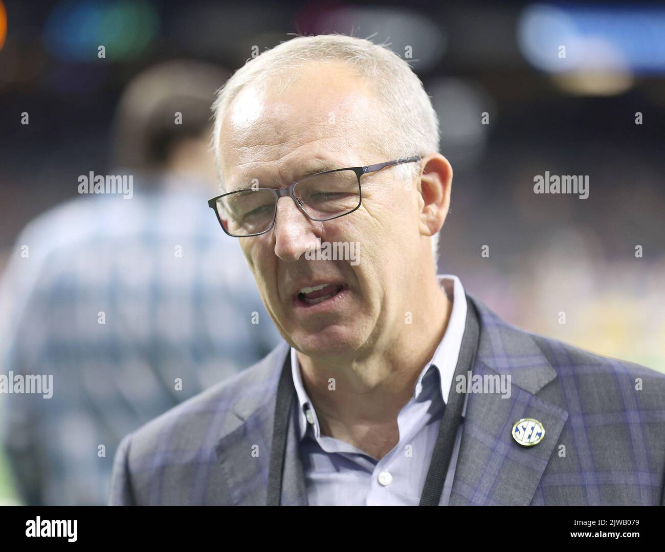 Southeastern Conference Commissioner Greg Sankey speaks to a group of ...