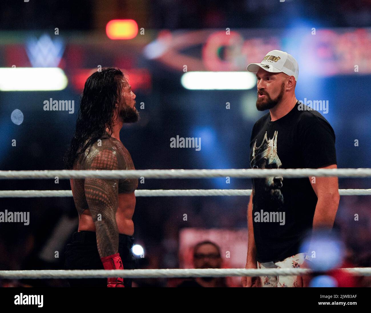 September 3, 2022: Tyson Fury faces off with Roman Reigns during WWE ...