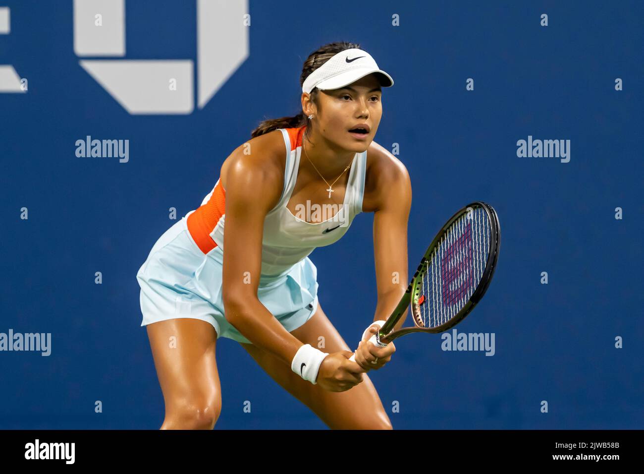 Emma Raducanu (GBR) during her first round loss at the 2022 US Open ...