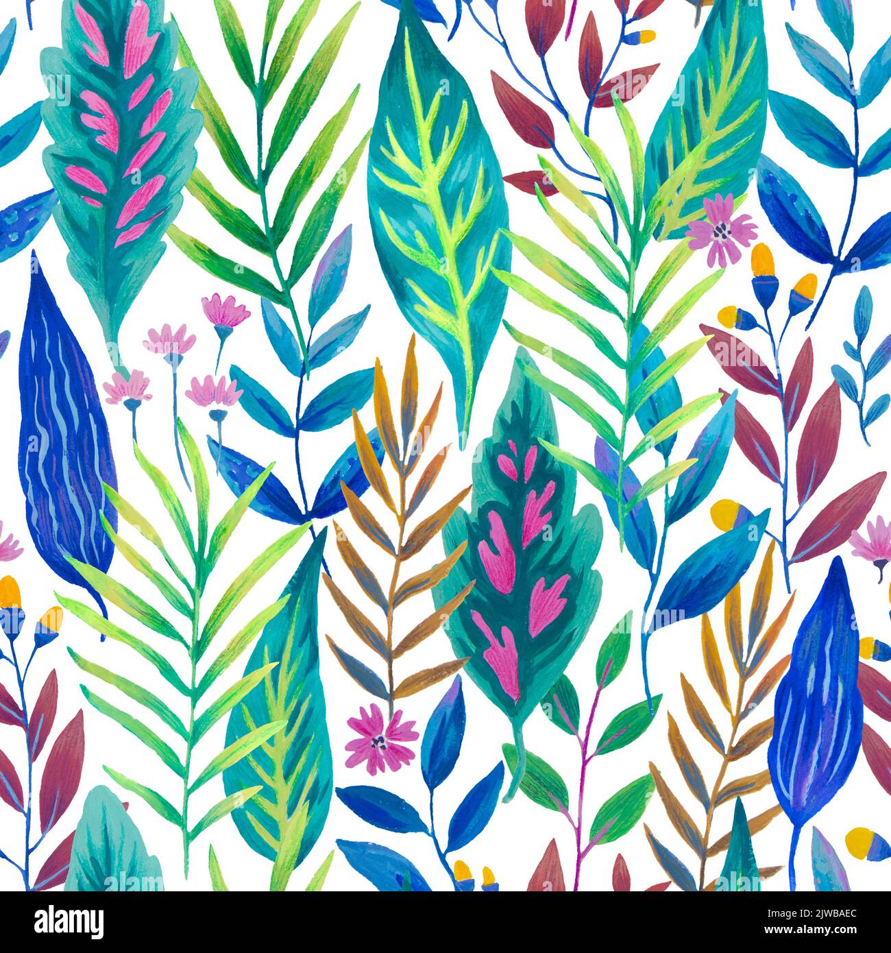 Colorful seamless pattern with bright tropical leaves and flowers. Hand ...