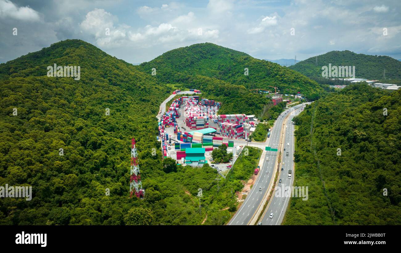 Shipyard Cargo Container Sea Port around mountain Freight forwarding ...