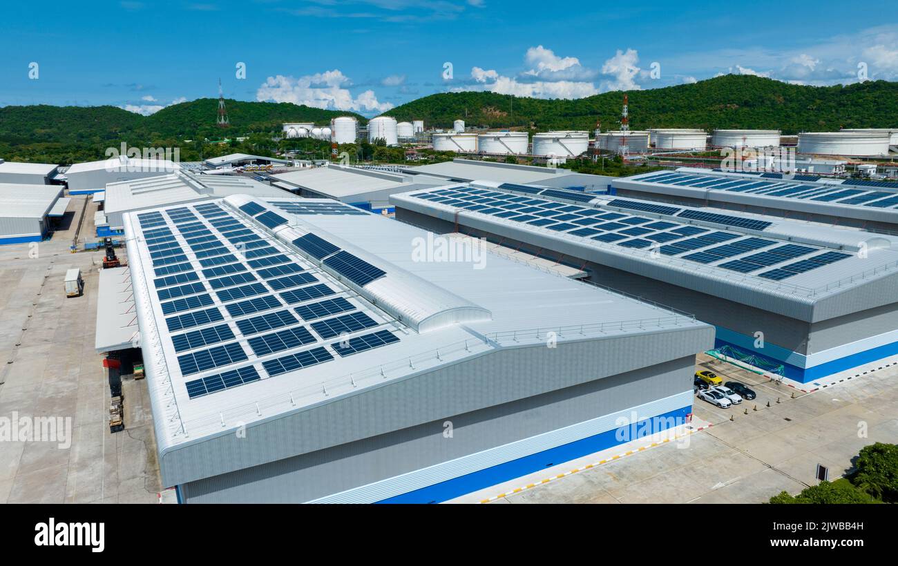 Top view Solar Cell on Warehouse Factory. Solor photo voltaic panels ...