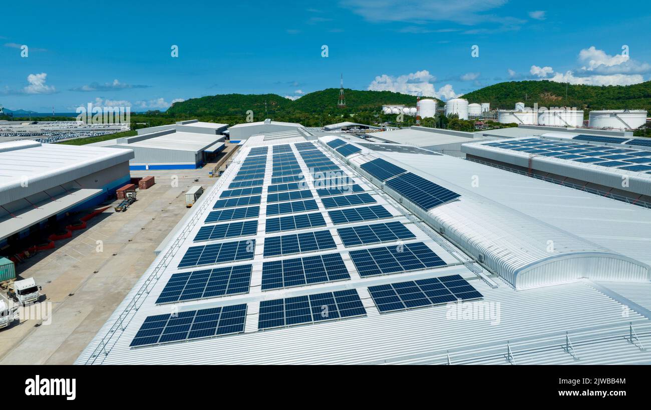 Top view Solar Cell on Warehouse Factory. Solor photo voltaic panels ...