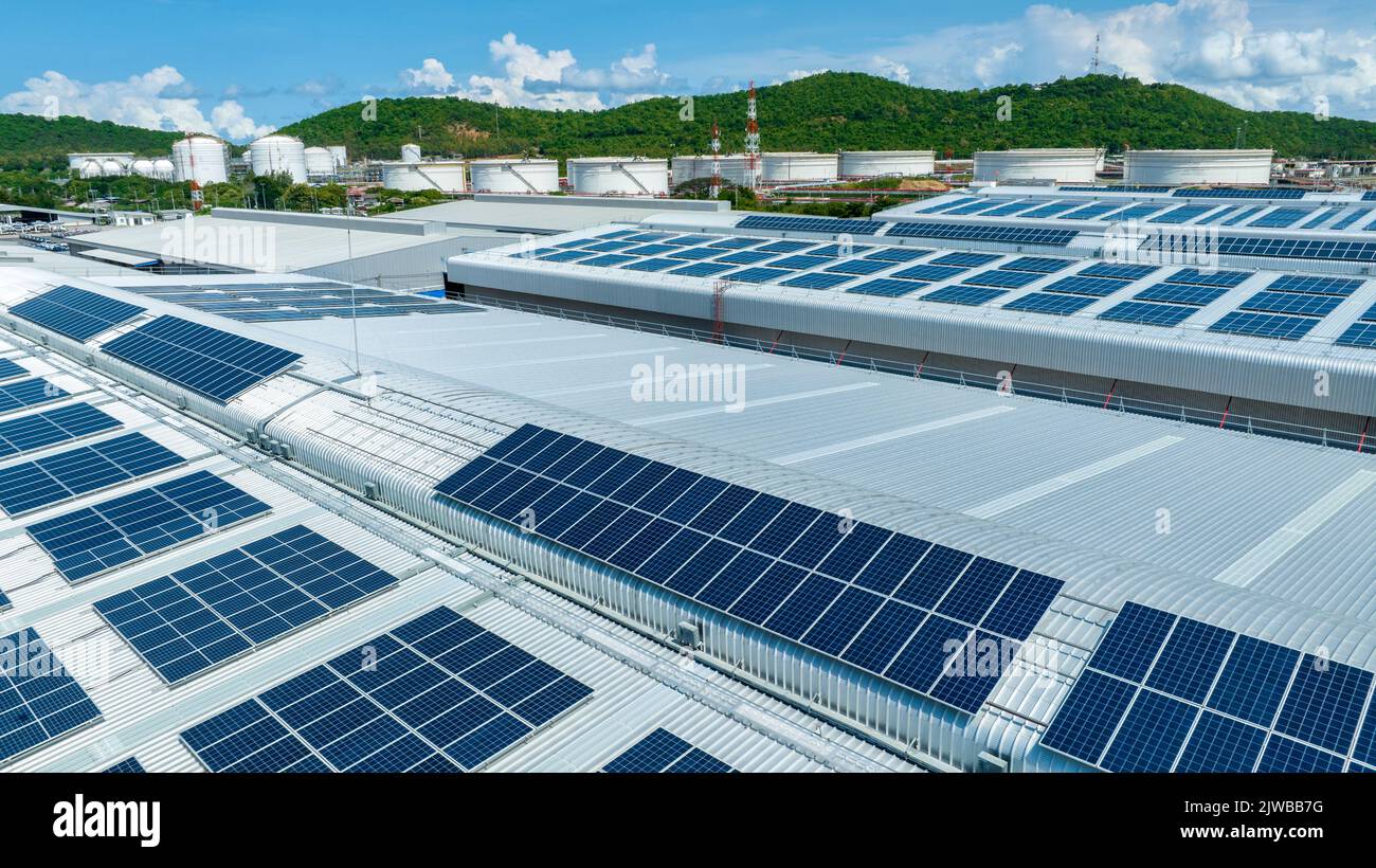 Top view Solar Cell on Warehouse Factory. Solor photo voltaic panels ...