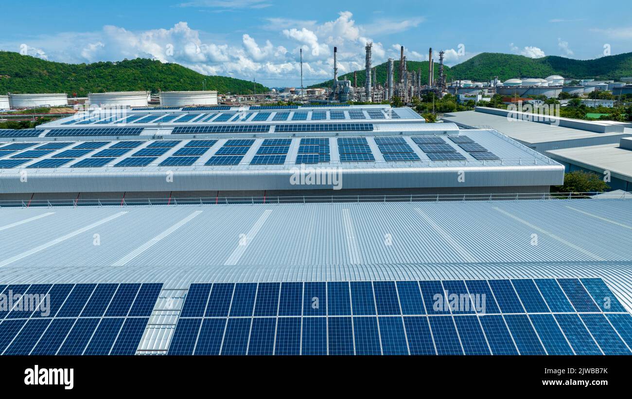 Top view Solar Cell on Warehouse Factory. Solor photo voltaic panels ...