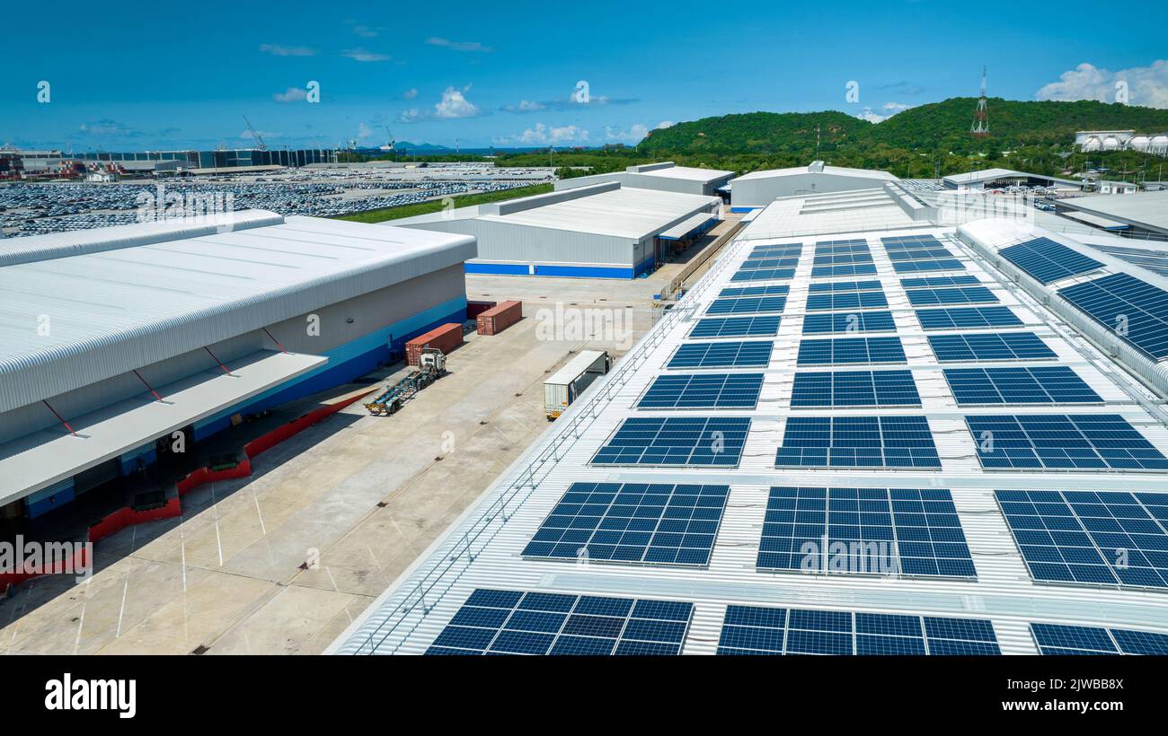 Top view Solar Cell on Warehouse Factory. Solor photo voltaic panels ...