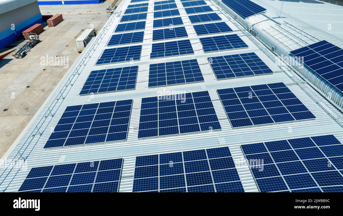 Top view Solar Cell on Warehouse Factory. Solor photo voltaic panels ...