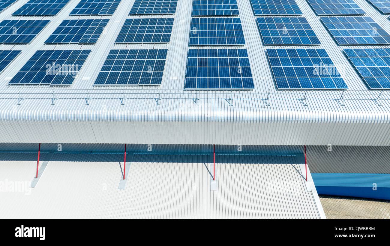 Top view Solar Cell on Warehouse Factory. Solor photo voltaic panels ...