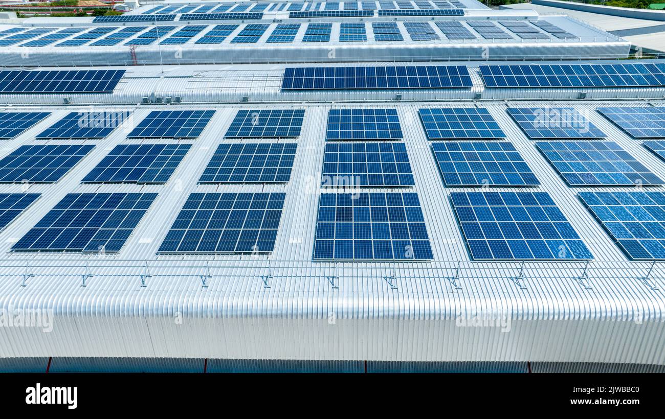 Top view Solar Cell on Warehouse Factory. Solor photo voltaic panels ...