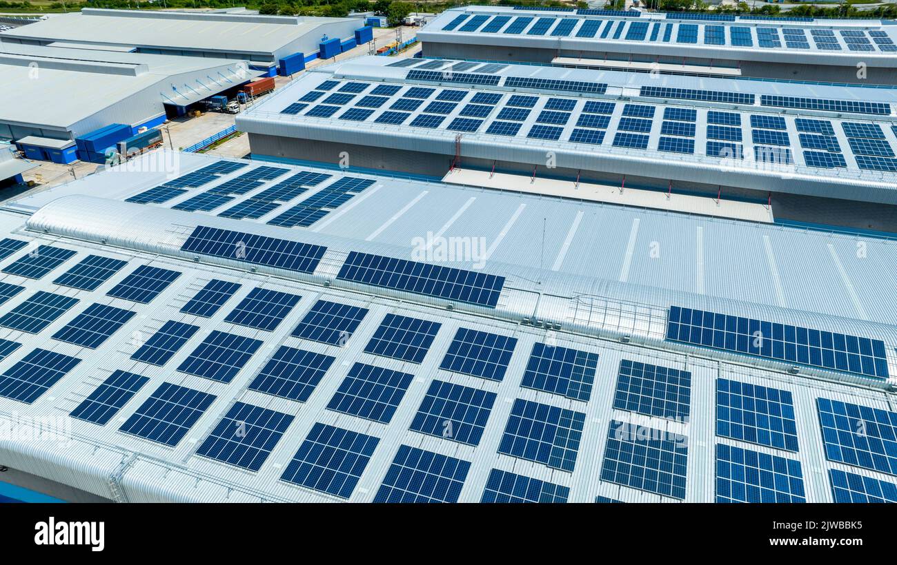 Top view Solar Cell on Warehouse Factory. Solor photo voltaic panels ...