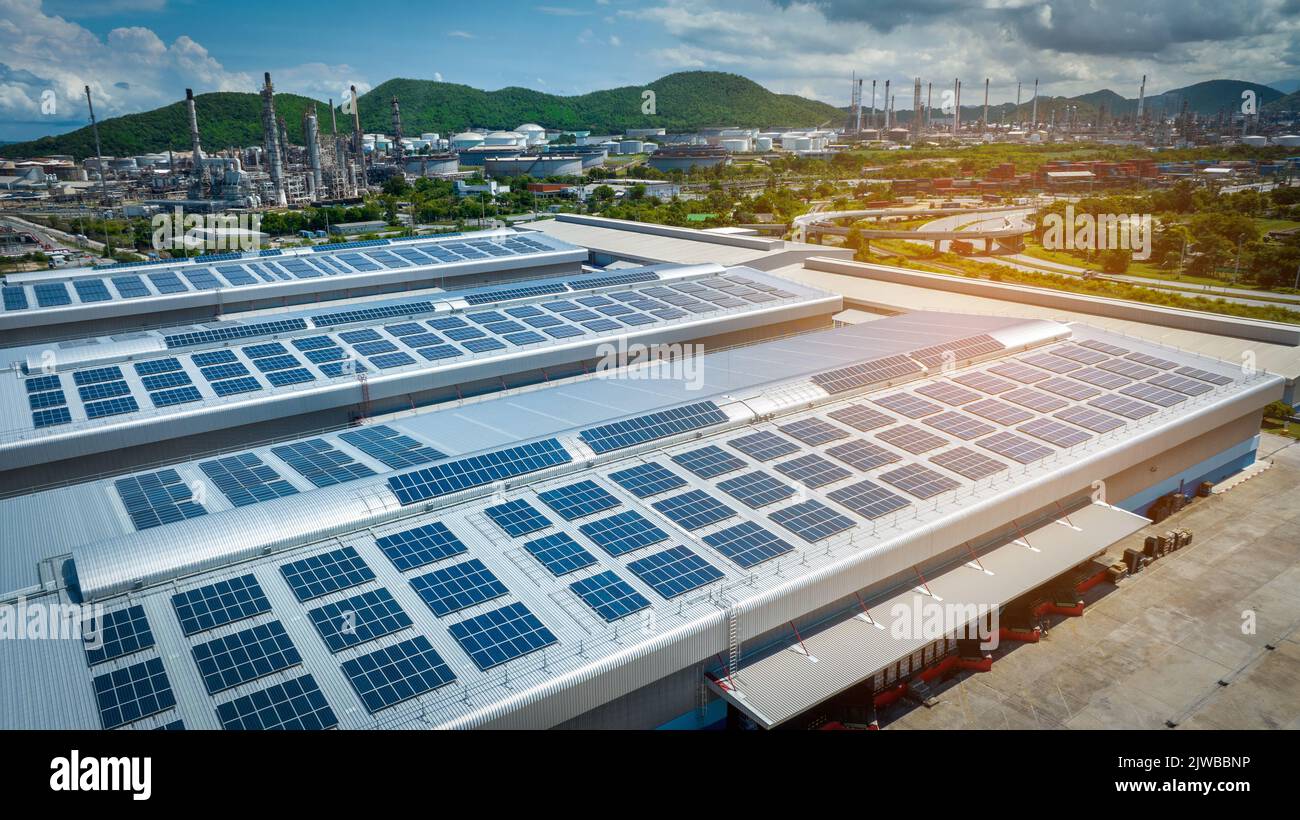 Top view Solar Cell on Warehouse Factory. Solor photo voltaic panels ...