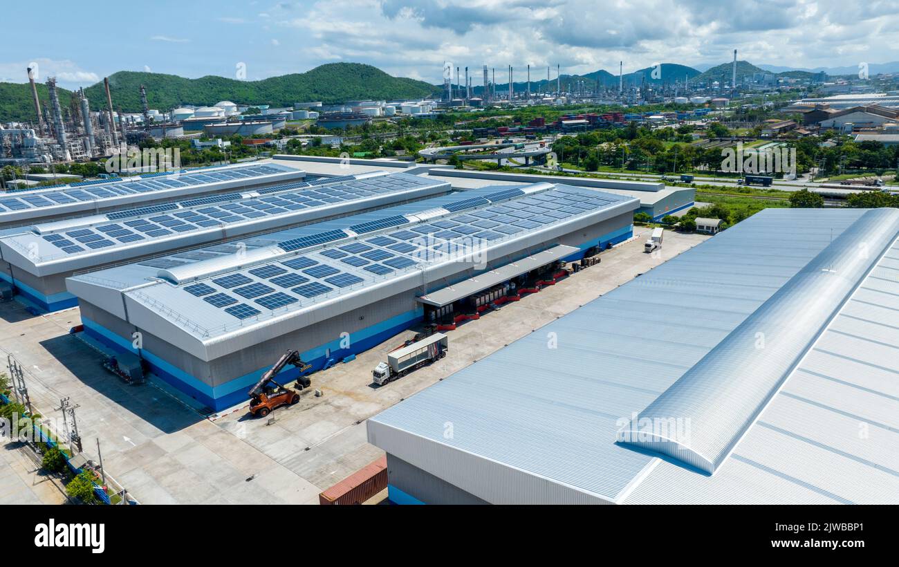 Top view Solar Cell on Warehouse Factory. Solor photo voltaic panels ...