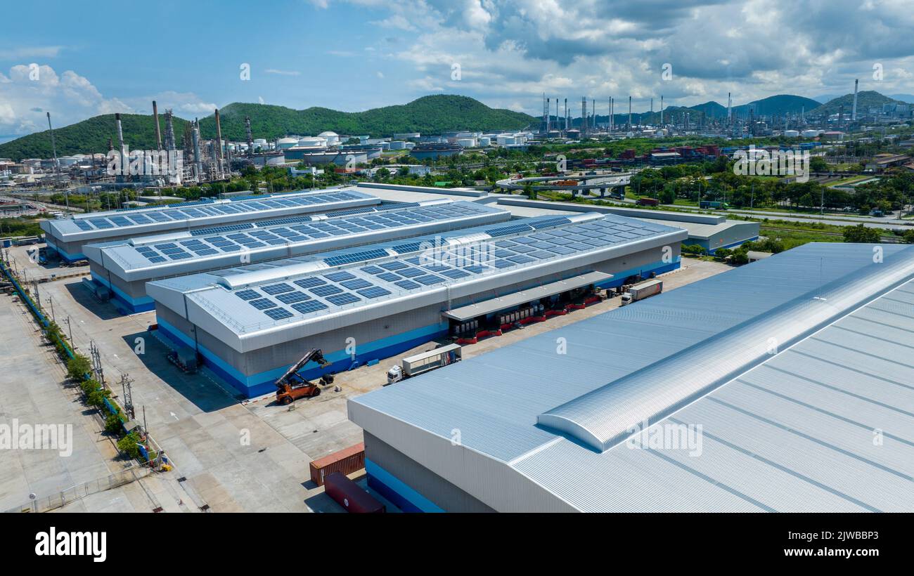 Top view Solar Cell on Warehouse Factory. Solor photo voltaic panels ...