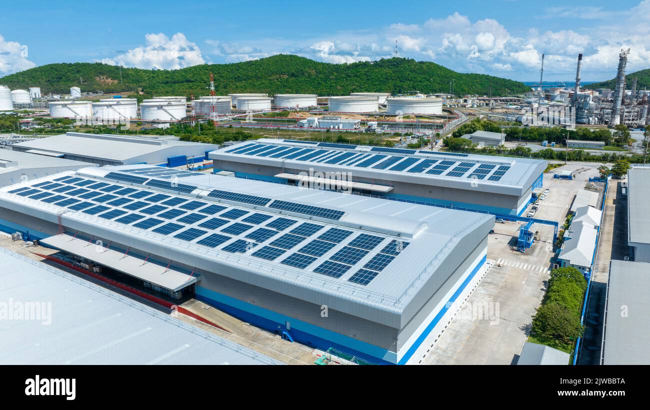 Top view Solar Cell on Warehouse Factory. Solor photo voltaic panels ...