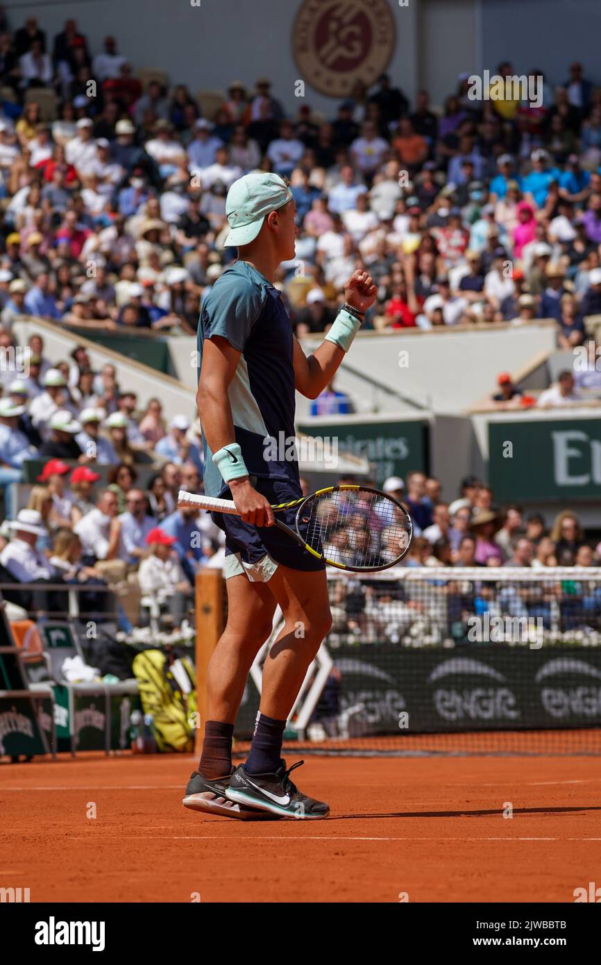 Professional tennis player Holger Rune of Denmark in action during his ...