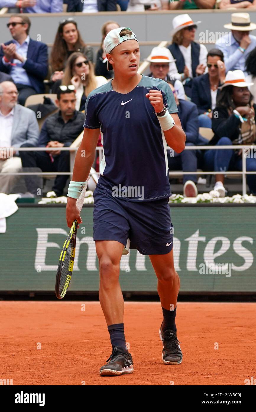 Professional tennis player Holger Rune of Denmark in action during his ...