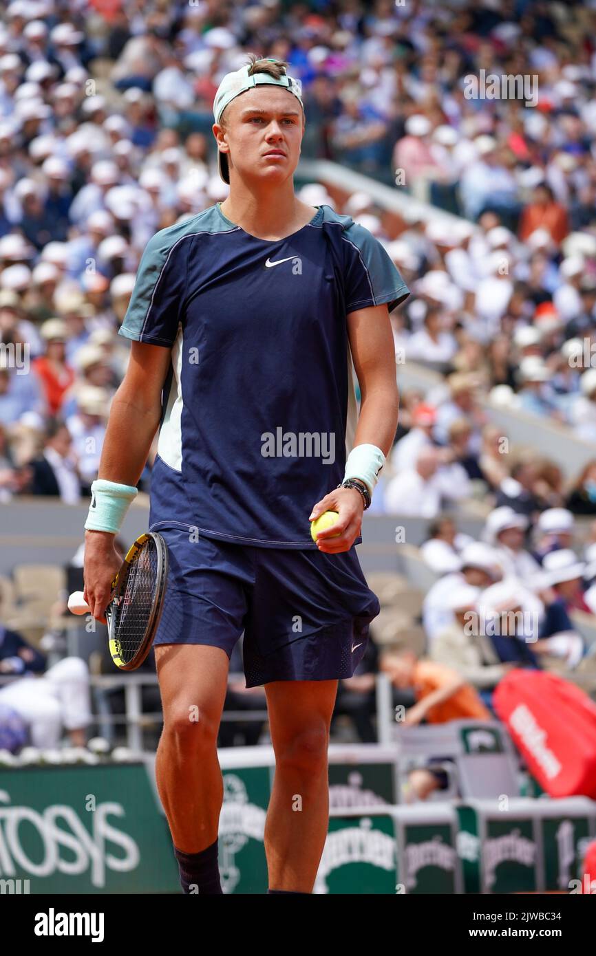 Professional tennis player Holger Rune of Denmark in action during his ...