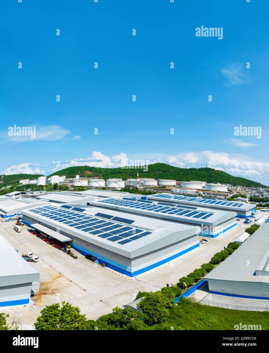 Top view Solar Cell on Warehouse Factory. Solor photo voltaic panels ...