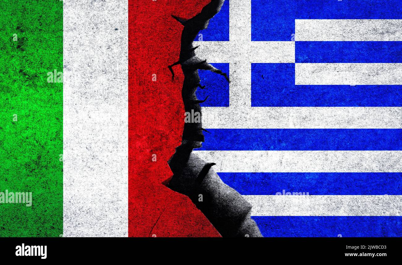 Italy vs Greece flags on a wall with crack. Greece Italy relations ...
