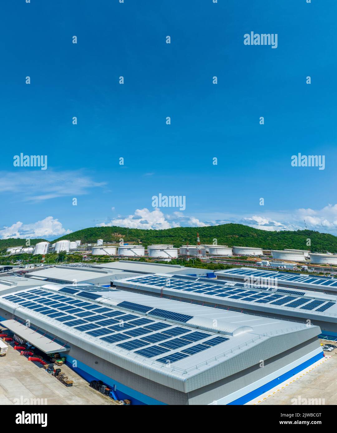 Top view Solar Cell on Warehouse Factory. Solor photo voltaic panels ...