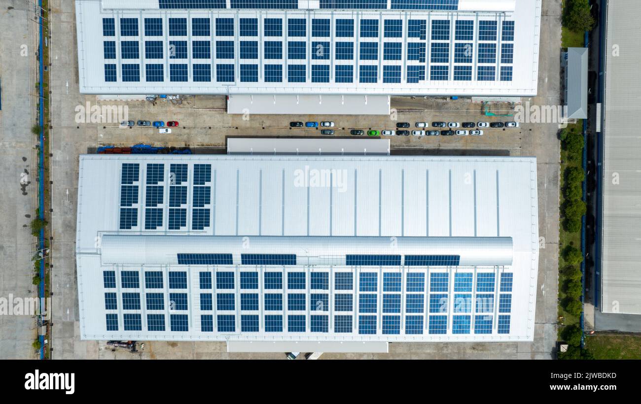 Top view Solar Cell on Warehouse Factory. Solor photo voltaic panels ...